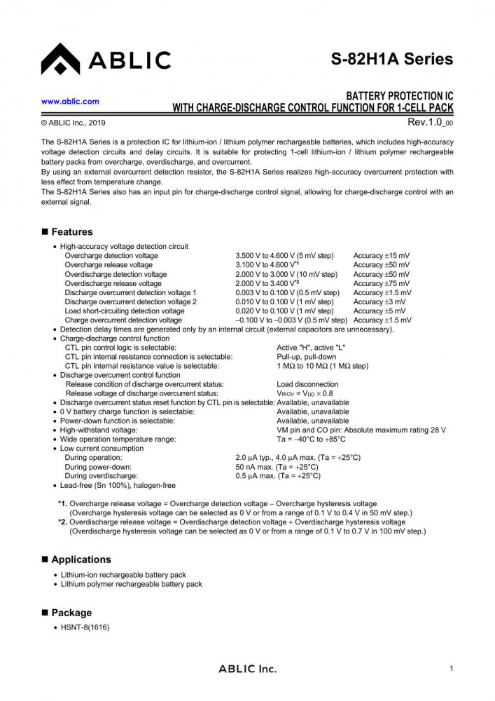 ABLIC S-82H1A datasheet page 1