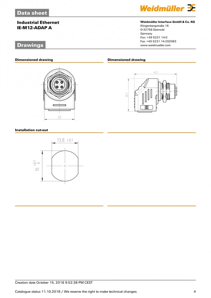 WEIDMULLER 8901630000 installation cut-out