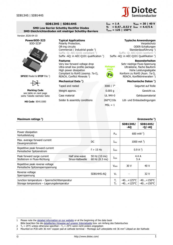 DIOTEC SDB14HS datasheet page 1
