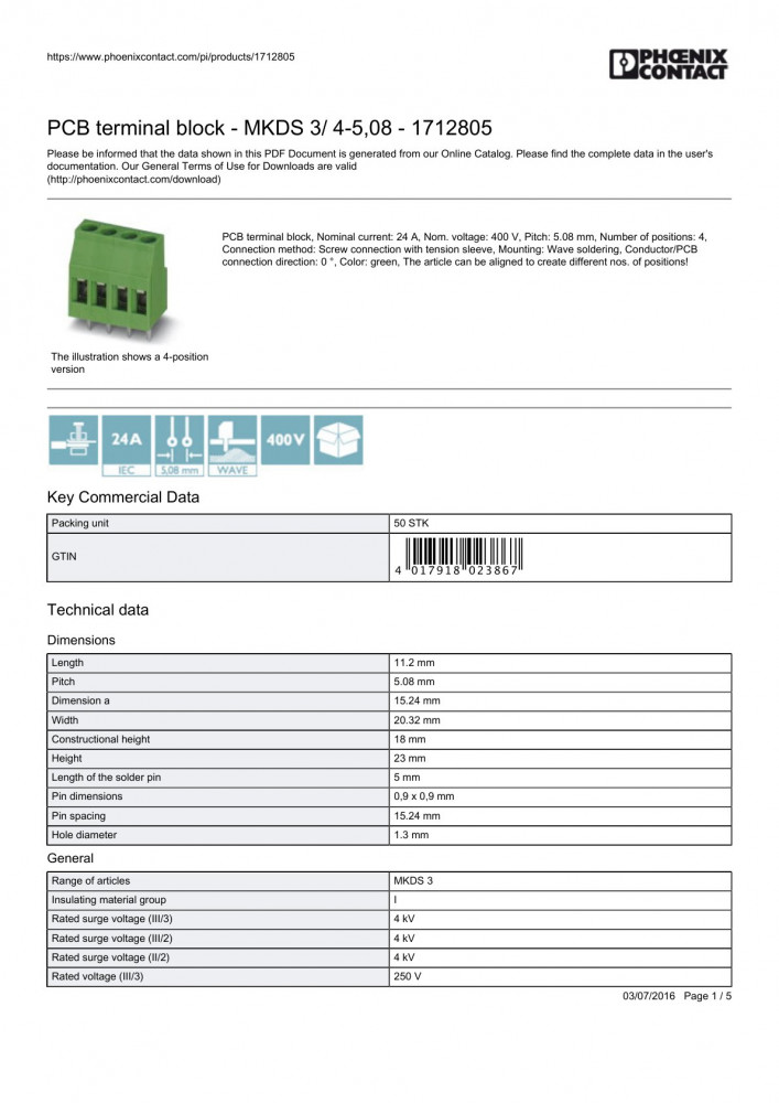 Phoenix Contact 1712805 product document page 1