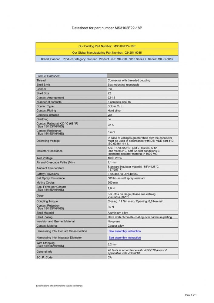 MS3102E22-18P technical document preview