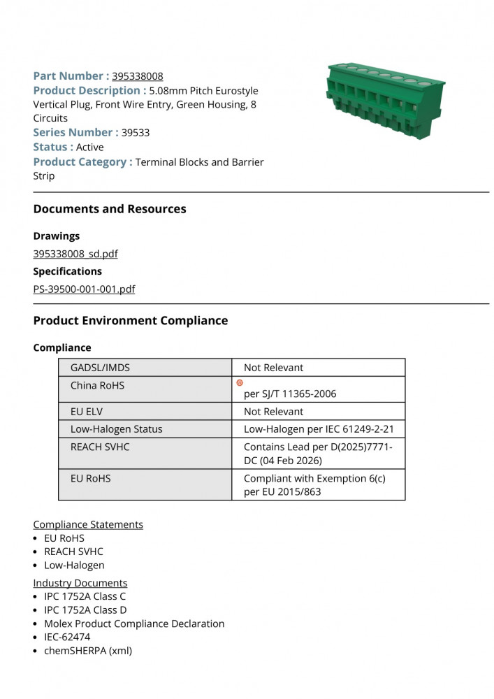 MOLEX ESE Eurostyle terminal block product specification, page 1