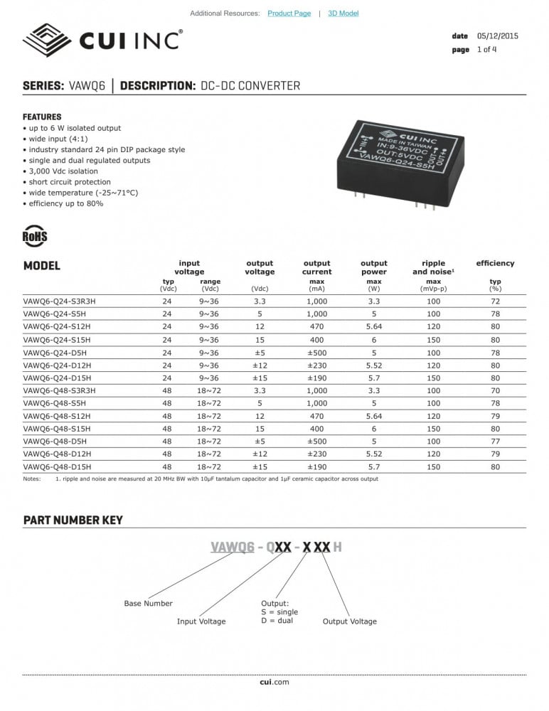 CUI VAWQ6-Q24-S12H datasheet page 1