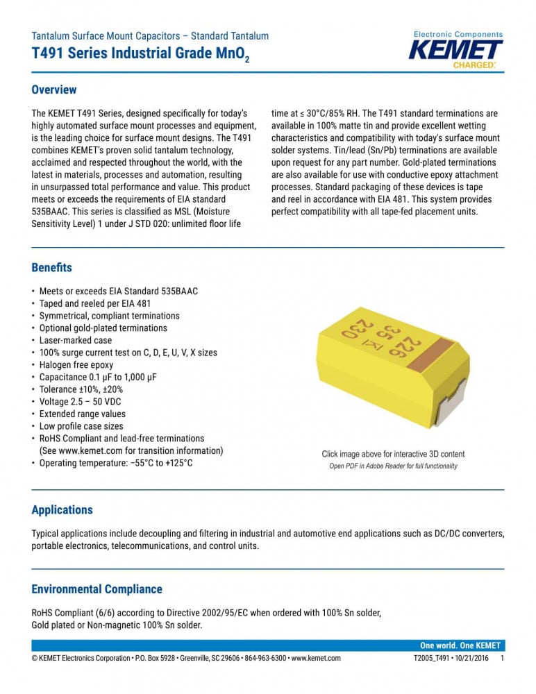 KEMET T491 datasheet page 1