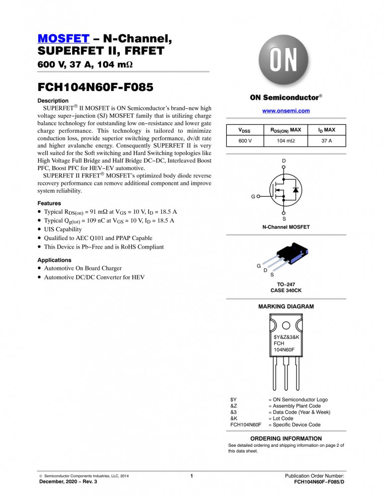 FCH104N60F-F085 datasheet page 1