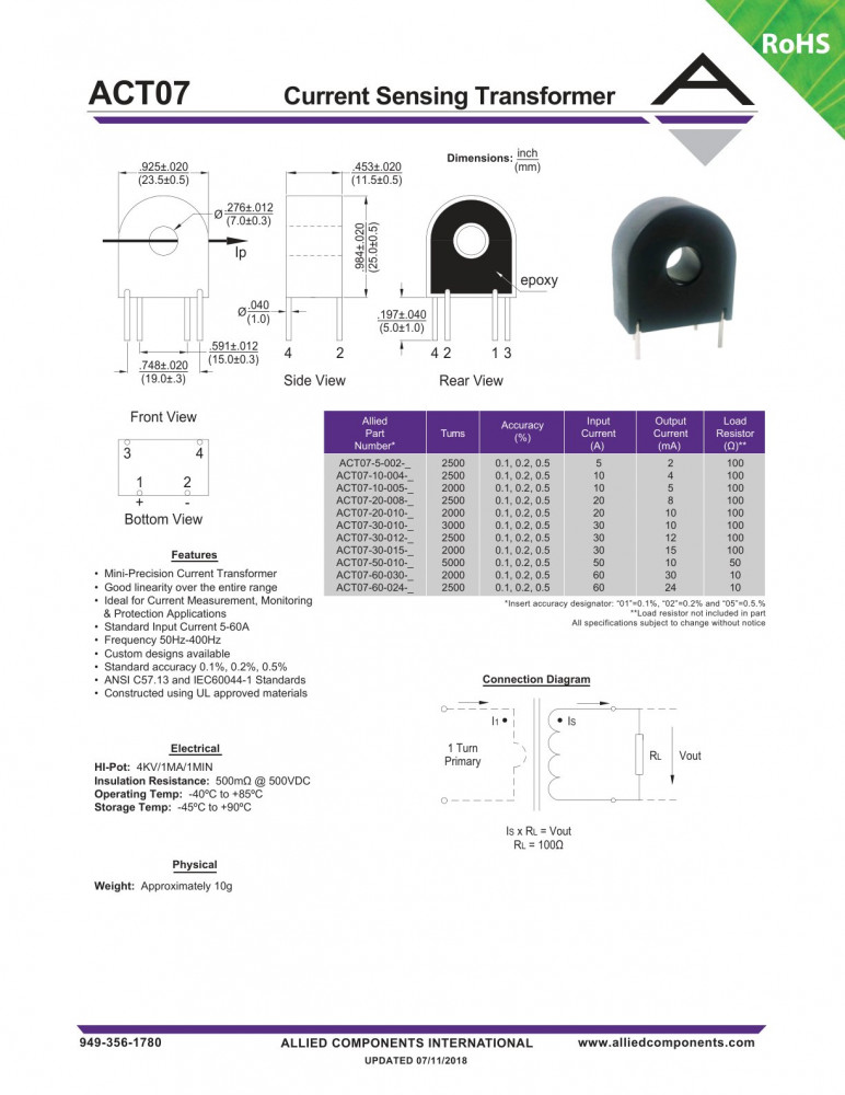 ACT07 current transformer datasheet page preview