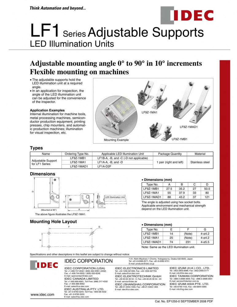 IDEC LF1 Series adjustable support documentation