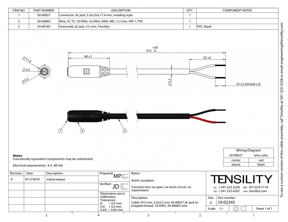 Tensility 10-02245 product drawing and wiring information