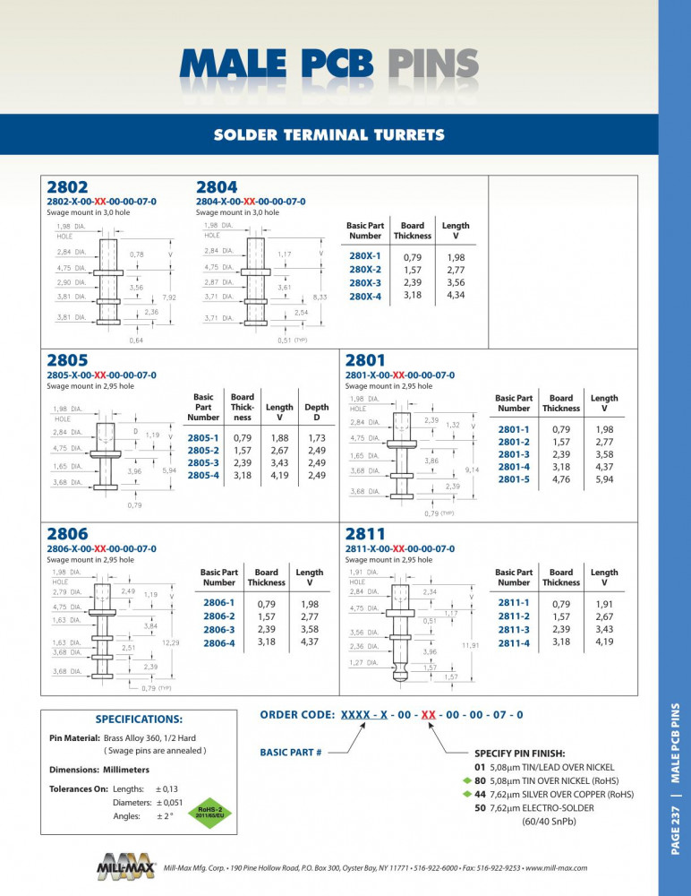 Mill-Max 2806 solder terminal turret drawing page