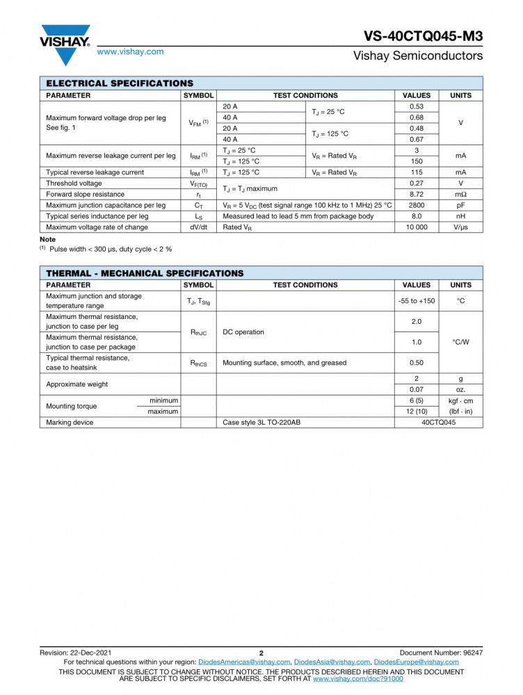 VS-40CTQ045-M3 datasheet page 2