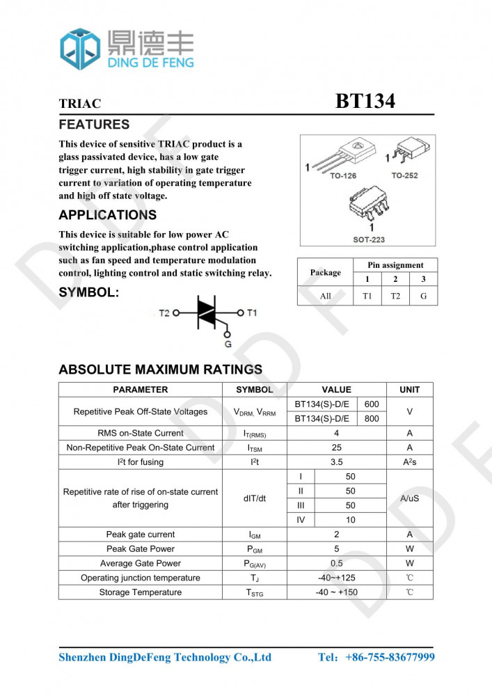 DDF BT134 datasheet page 1