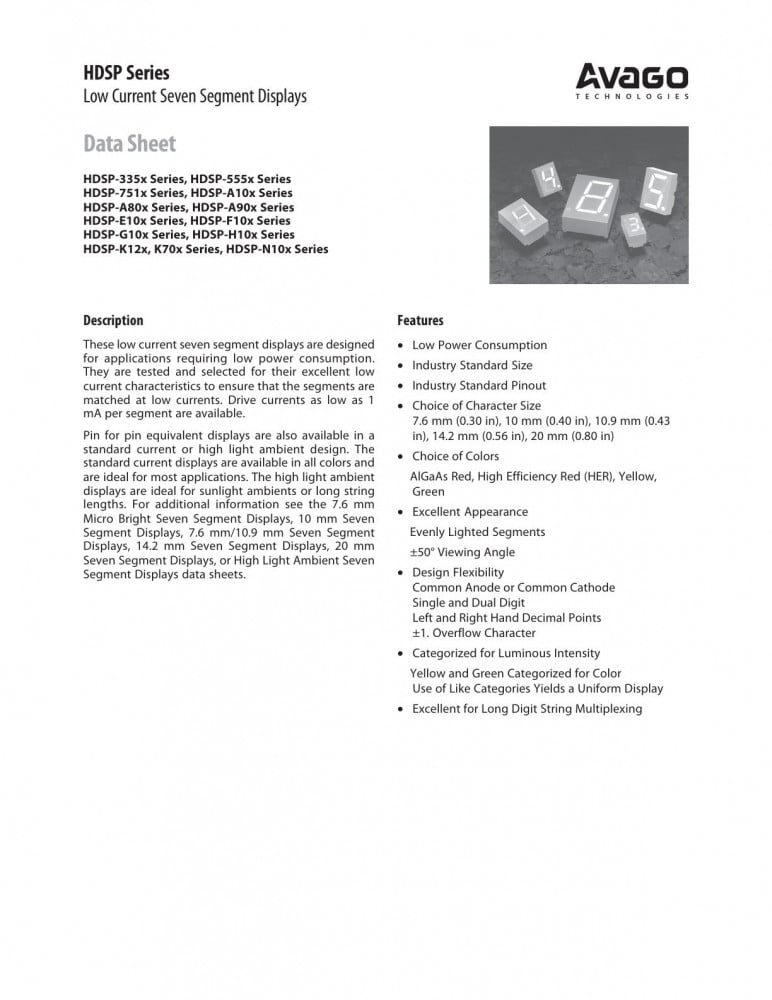 HDSP series datasheet page 1