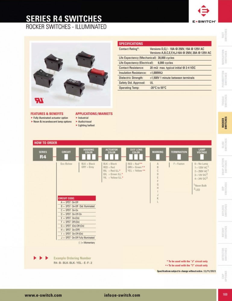E-Switch R4 illuminated rocker switch datasheet page 1