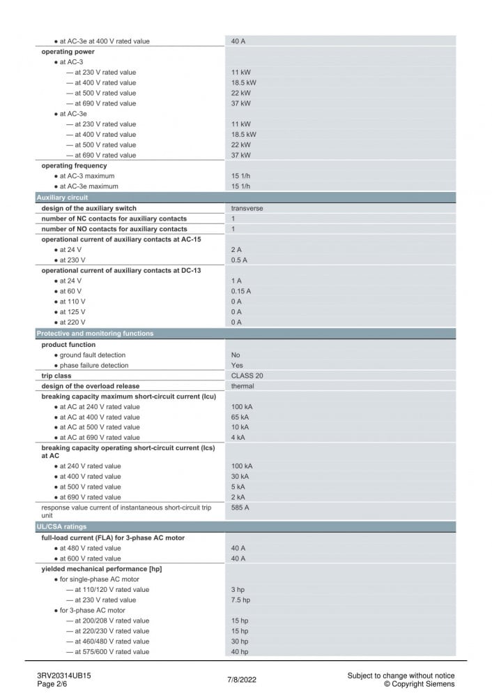3RV20314UB15 datasheet page 2