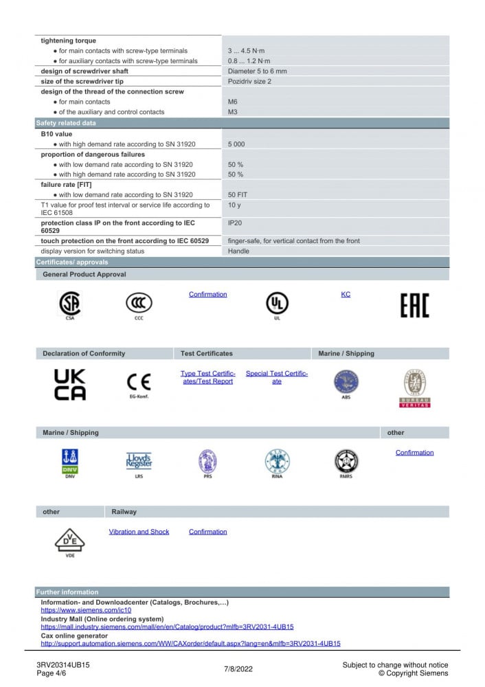 3RV20314UB15 datasheet page 4