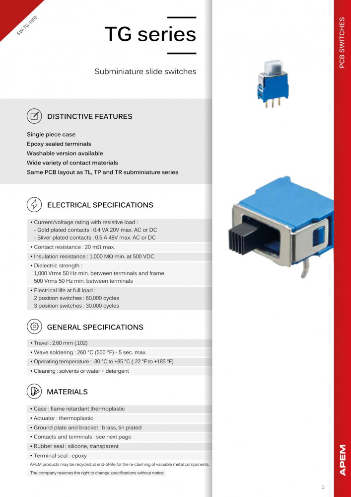 APEM TG series datasheet page 1