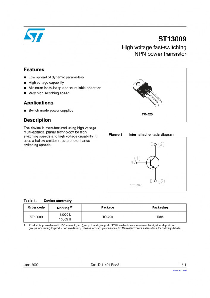ST13009 datasheet page 1