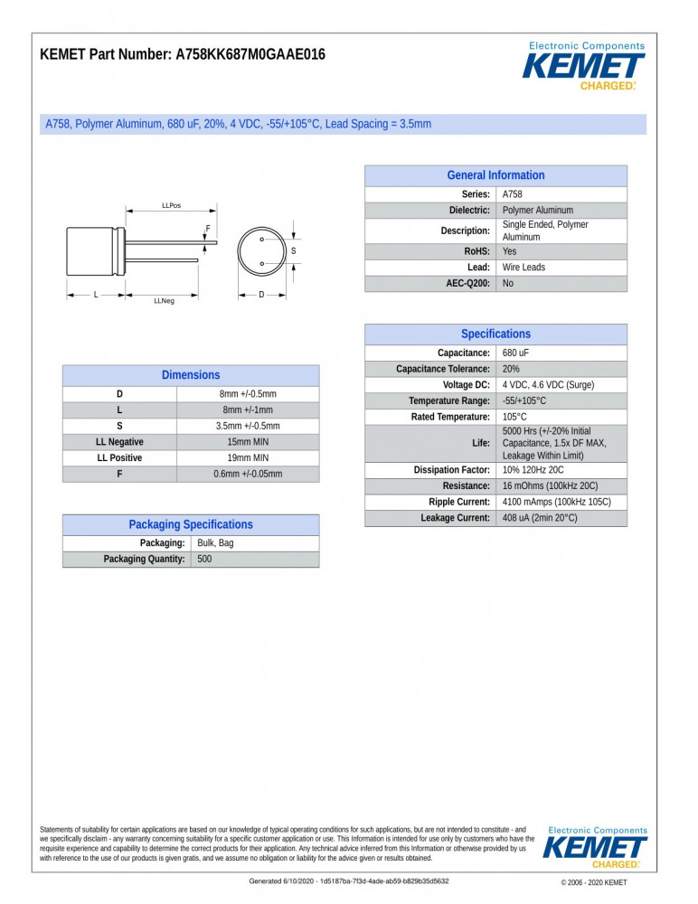 KEMET A758 product documentation page