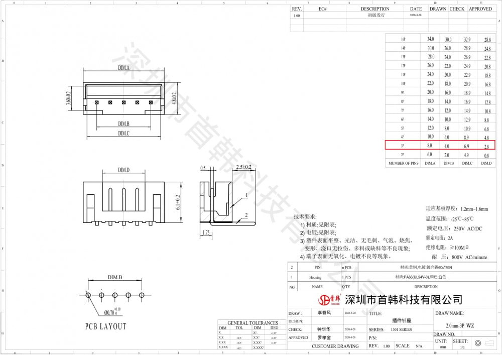 2.0mm-3P WZ technical drawing page 1