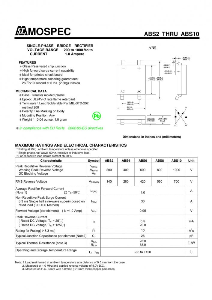 MOSPEC ABS8 bridge rectifier datasheet page 1