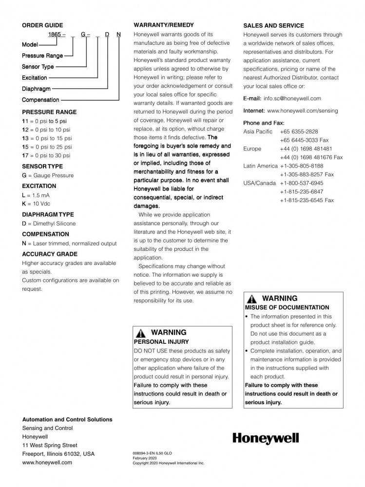 Honeywell 1865-07G-LDN datasheet page 4