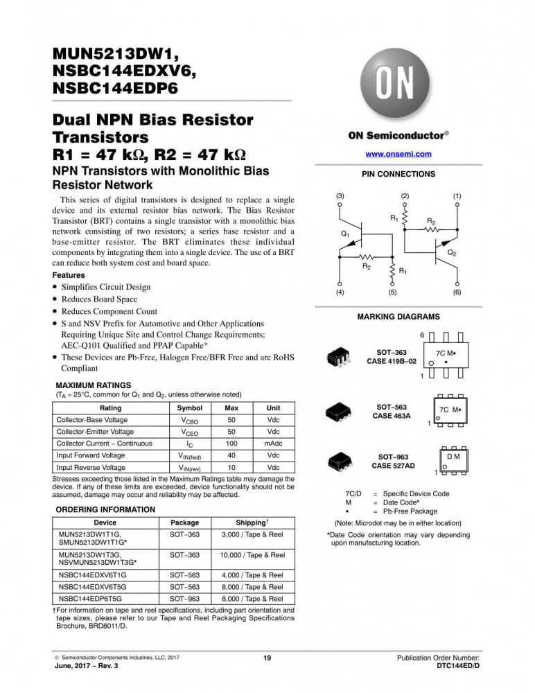 MUN5213DW1T3G datasheet page 1