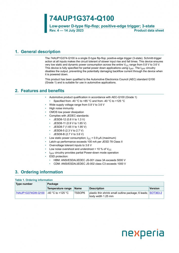 74AUP1G374GW-Q100H datasheet page 1