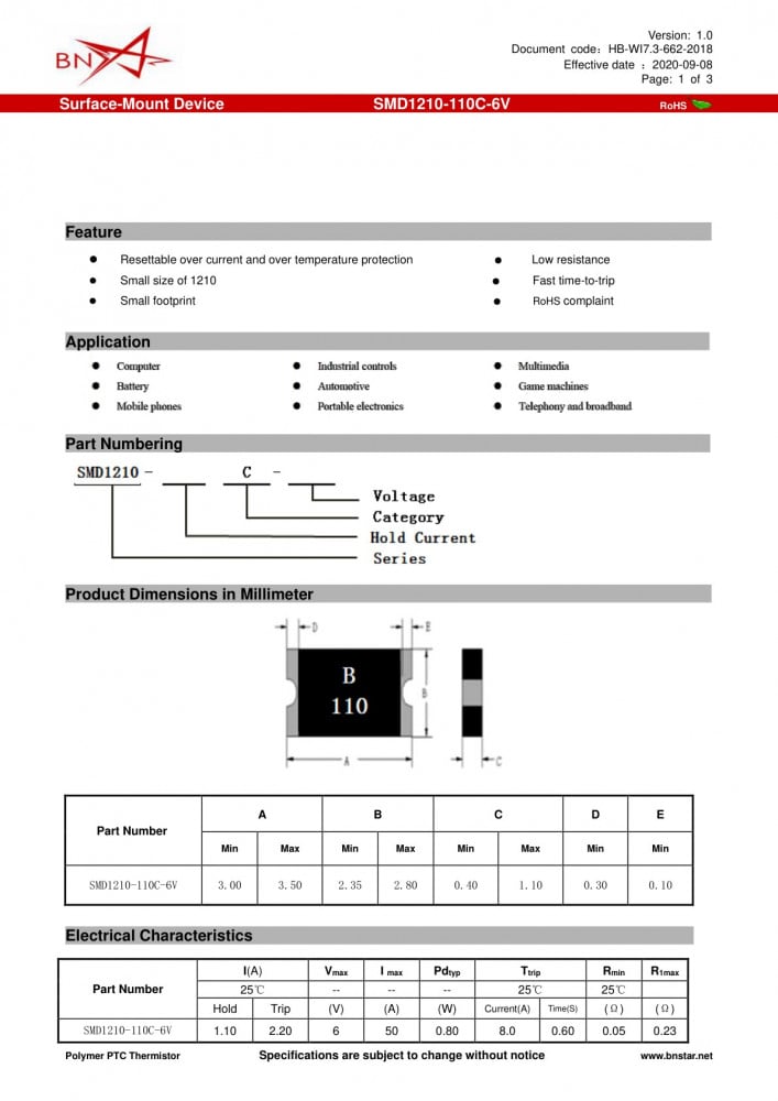 BNstar SMD1210-110C-6V datasheet page 1