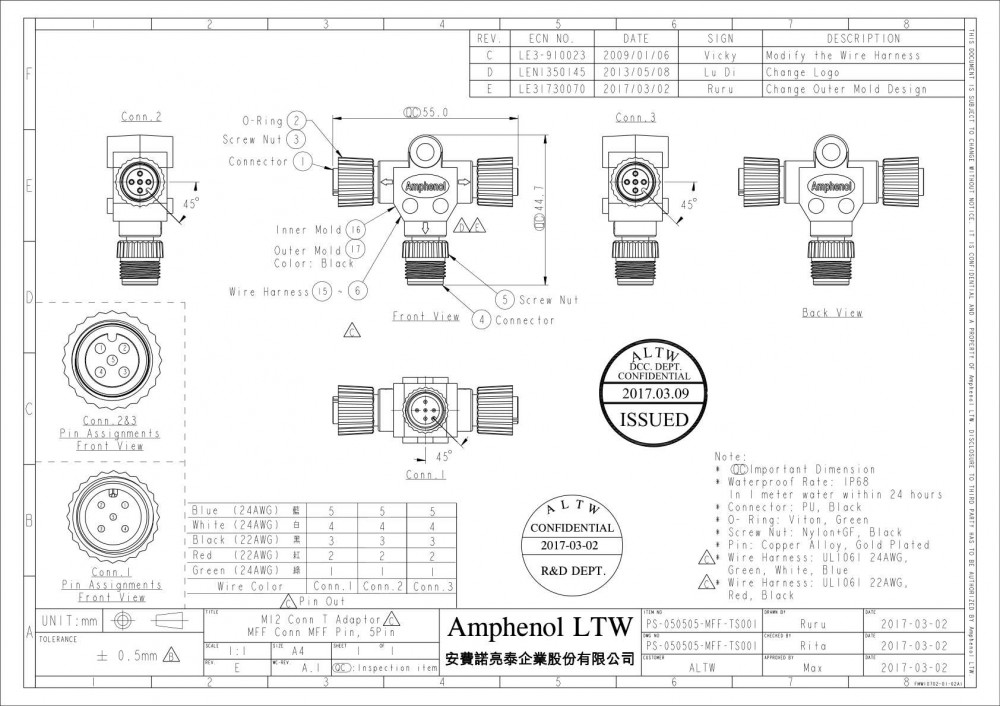 Amphenol PS-050505-MFF-TS001 technical drawing
