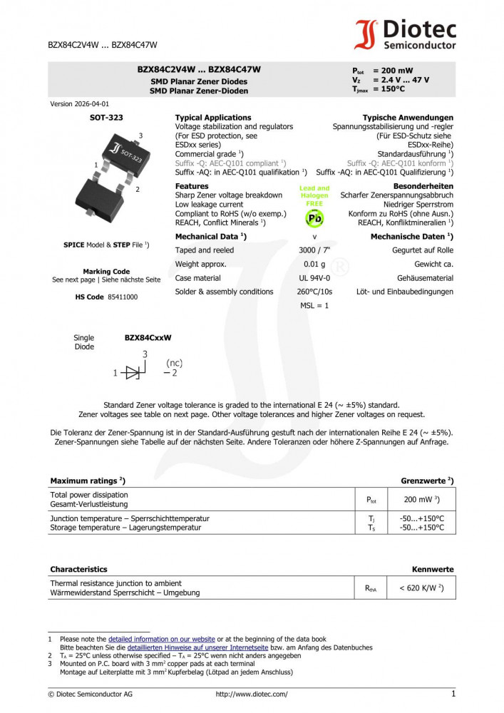 BZX84 series datasheet page 1