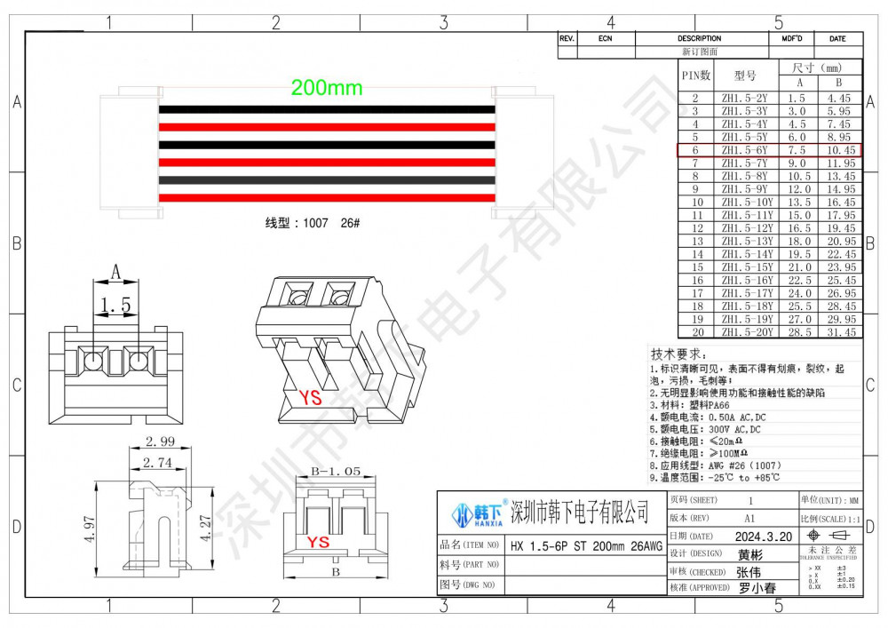 HANXIA 1.5 mm connector series drawing preview