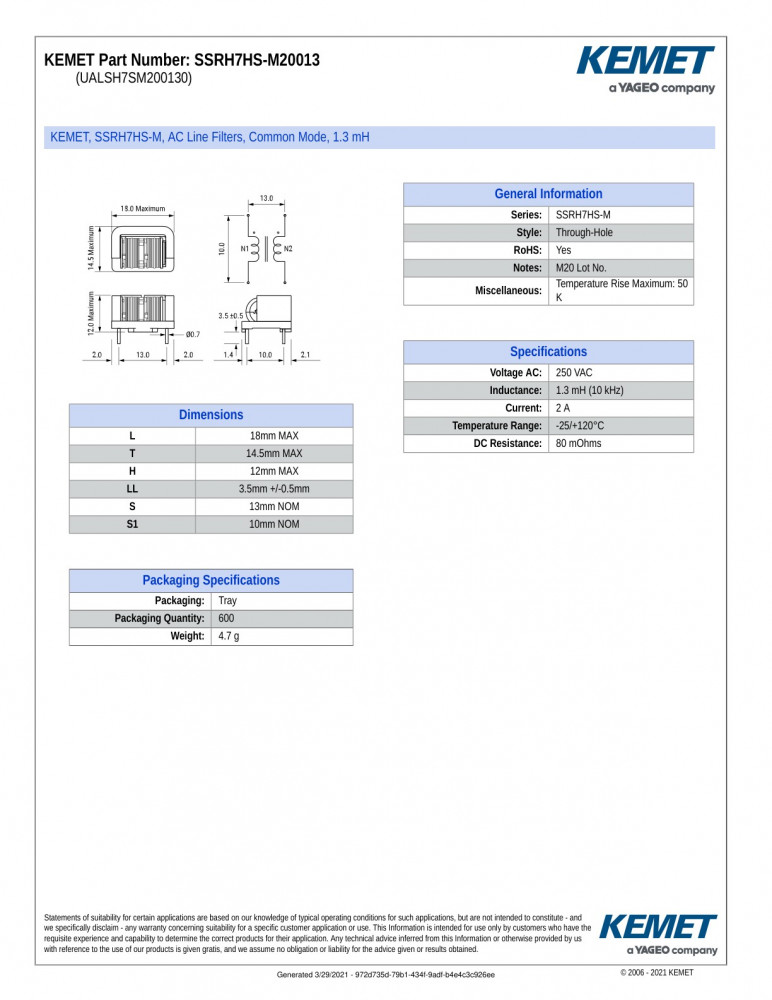 KEMET SSRH7HS-M20013 technical document page