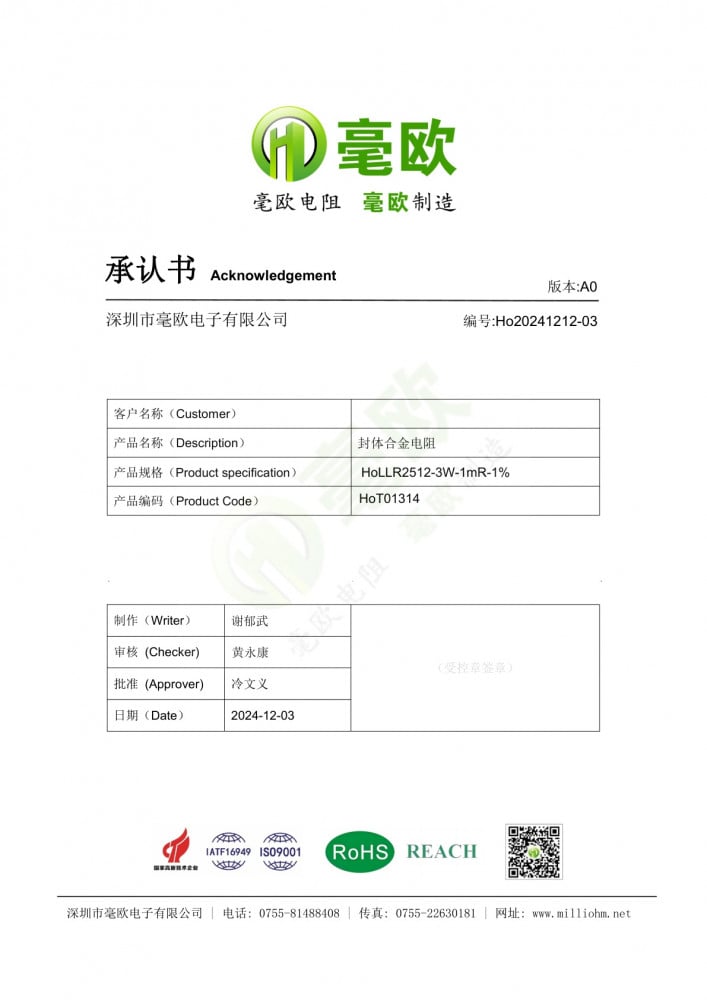 HoLLR2512-3W-1mR-1% acknowledgement page 1