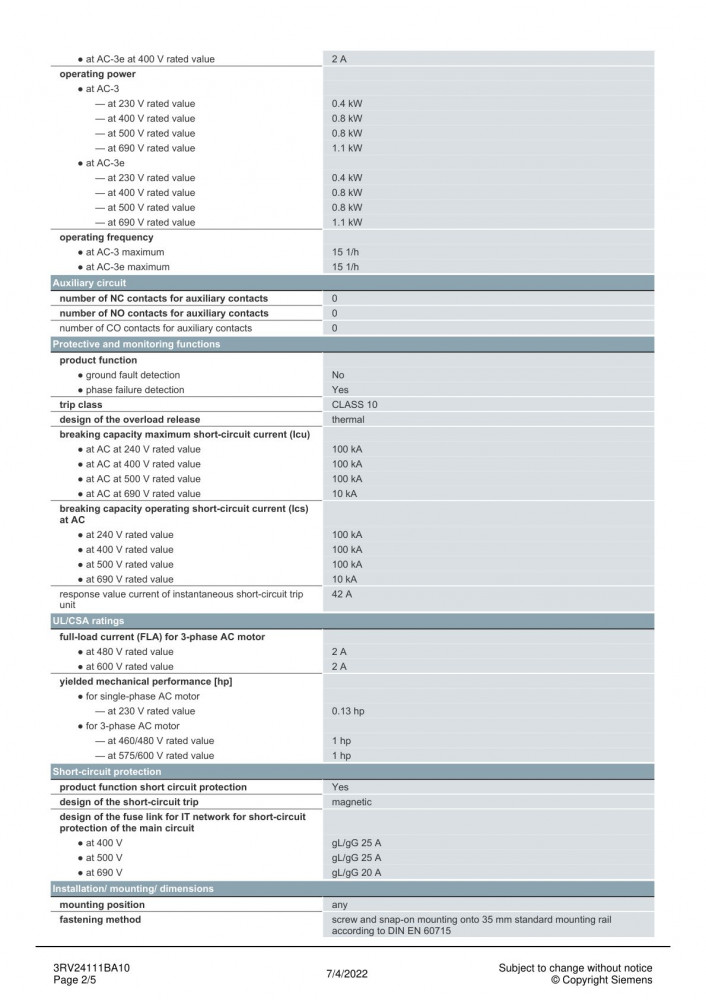 3RV24111BA10 datasheet page 2