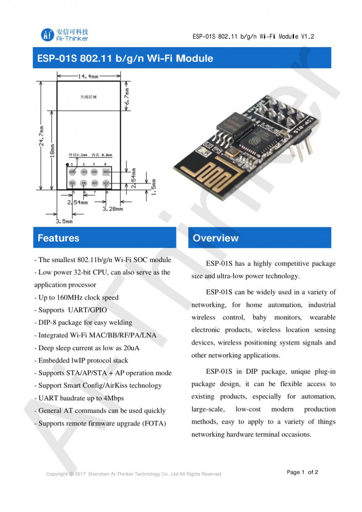 Ai-Thinker ESP-01S technical document page 1