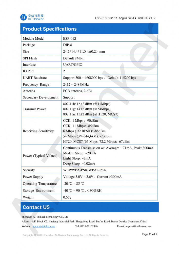 Ai-Thinker ESP-01S technical document page 2