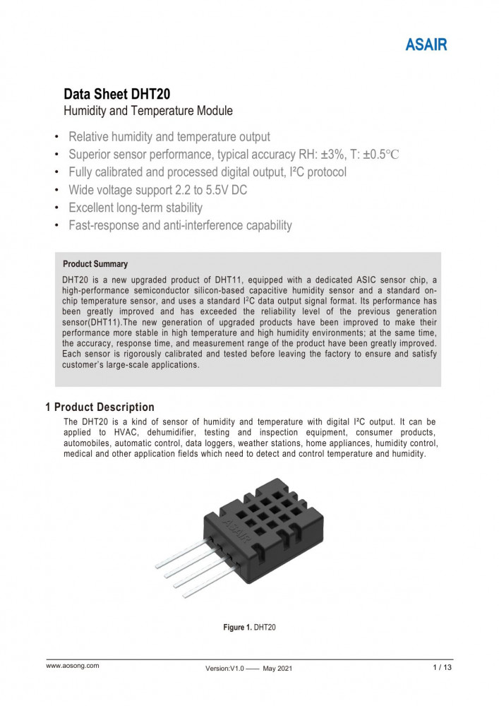 DHT20 datasheet page 1
