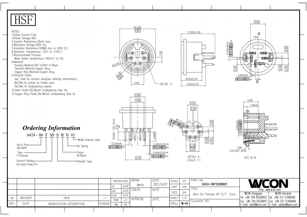 WCON 6424-06FS0SBN01 Mini-DIN female 6-position straight connector drawing, sheet 1