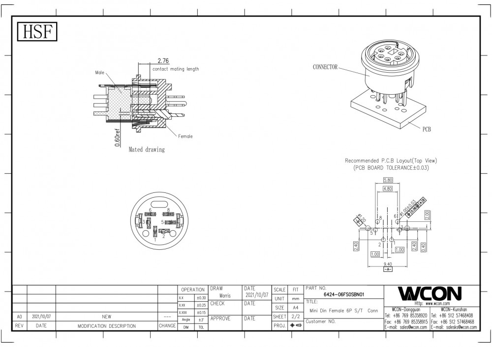 WCON 6424-06FS0SBN01 recommended PCB layout and drawing, sheet 2
