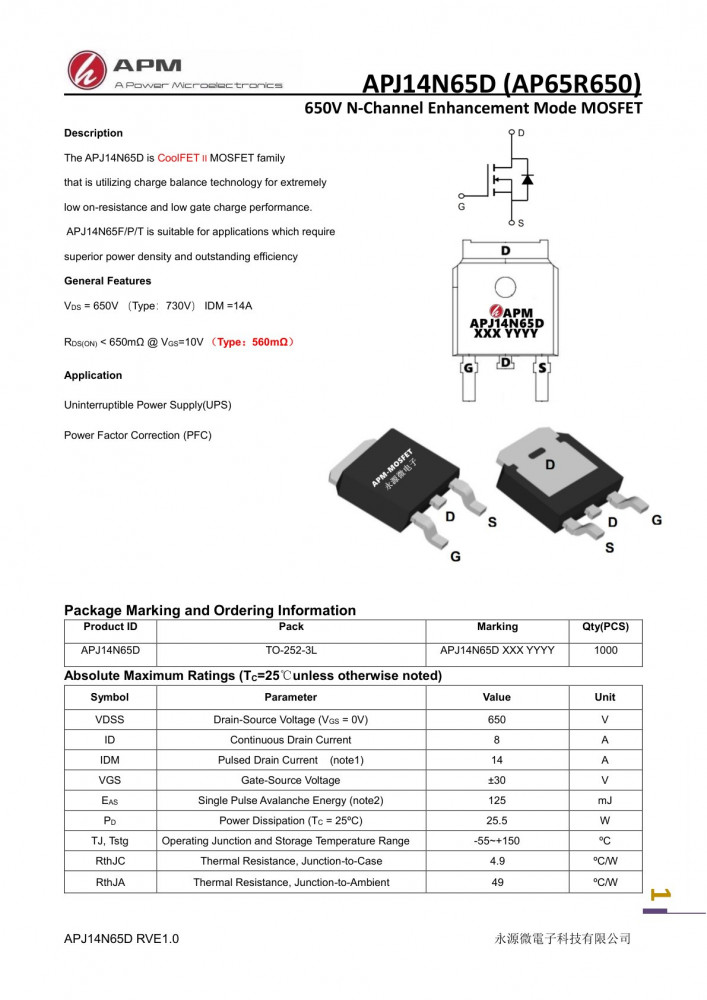 APJ14N65D datasheet page 1