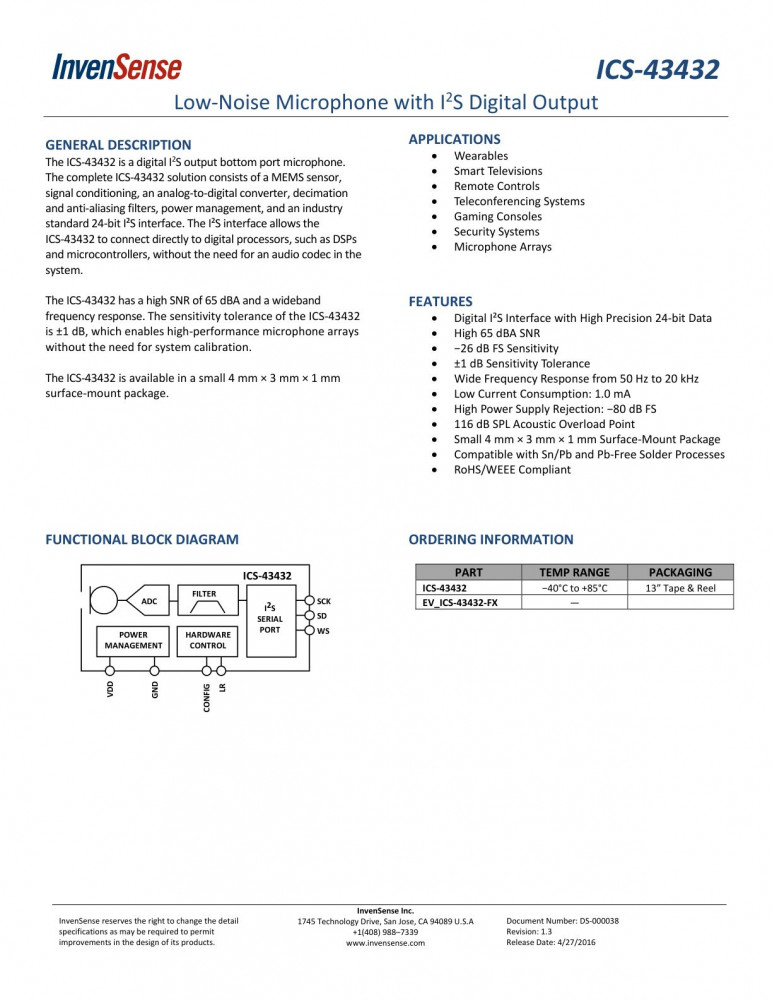 ICS-43432 datasheet preview, page 1