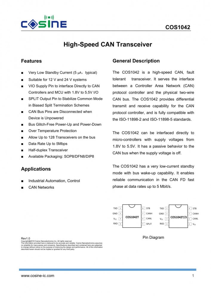 COS1042T/3 datasheet page 1