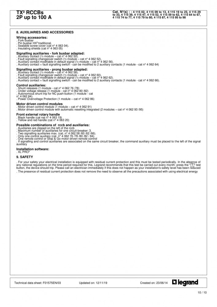 Legrand TX³ RCCB datasheet page 10