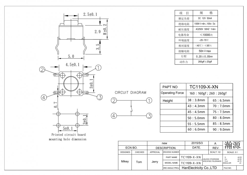 TC1109 series technical drawing and specification page