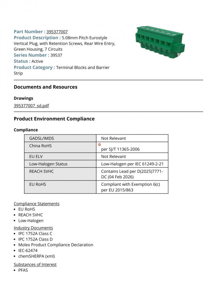 MOLEX 395377007 technical document image, page 1