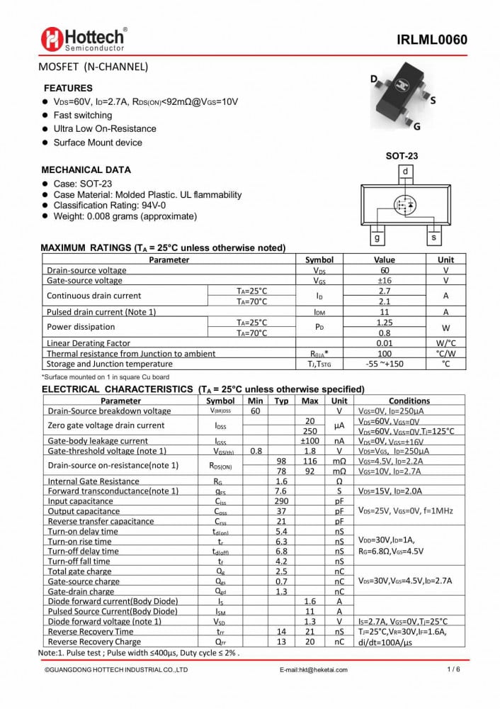 IRLML0060 datasheet page 1