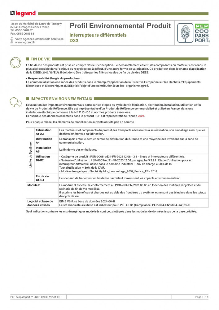 Legrand DX3 environmental product profile, page 3