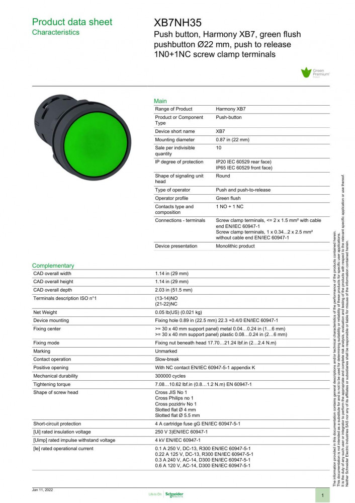 XB7NH35 technical document page 1