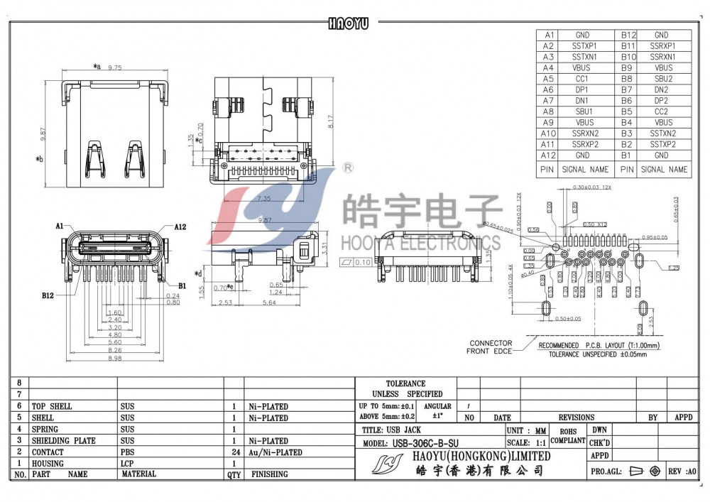 HOOYA USB-306C-B-SU product drawing