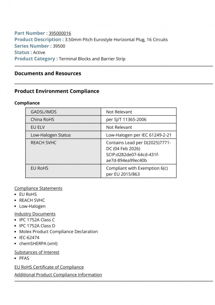 MOLEX 395000016 product document image, page 1